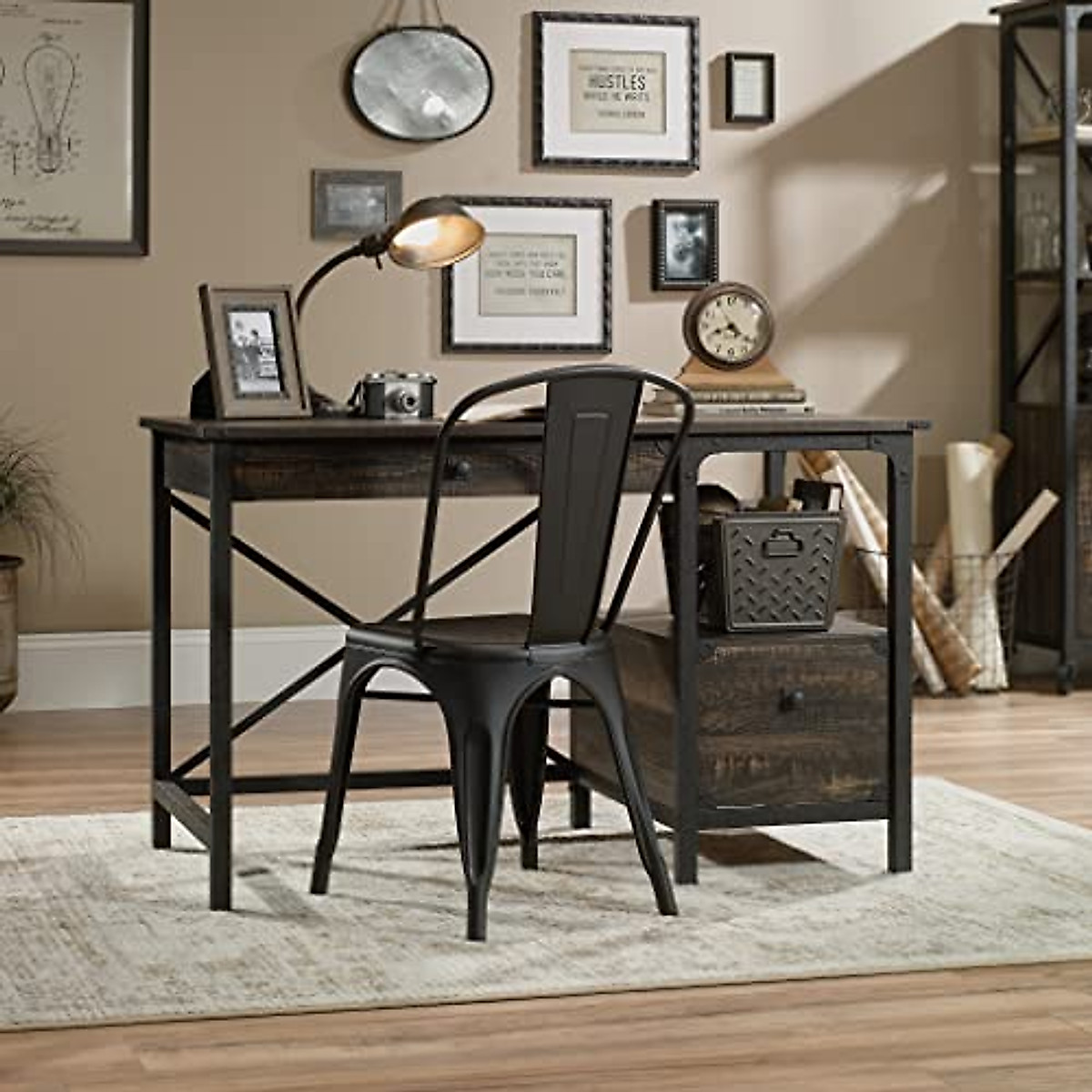 Sauder Steel River Desk, L: 47.48" x W: 23.47" x H: 29.53", Carbon Oak Finish