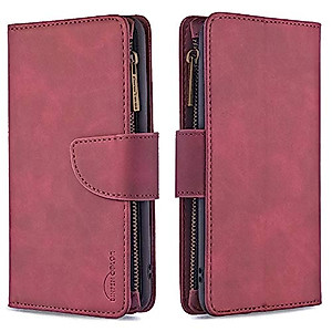 Fansipro Zipper Wallet Folio Case for Samsung Galaxy S9 Plus, Premium PU Leather Slim Fit Cover for Galaxy S9 Plus, 9 Card Slots, 1 Transparent Photo Frame Slot, Slip-Proof, Red