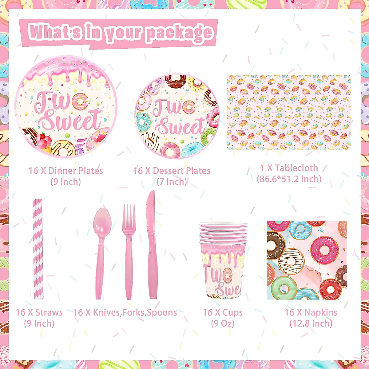Two Sweet Birthday Party Supplies for 2 Year Old Girl, 150 Pcs Donut Party Decorations for Girls Baby - Backdrop, Banner, Cake, Cupcake Toppers, Cupcakes Wrappers, Balloons, Tablecloth