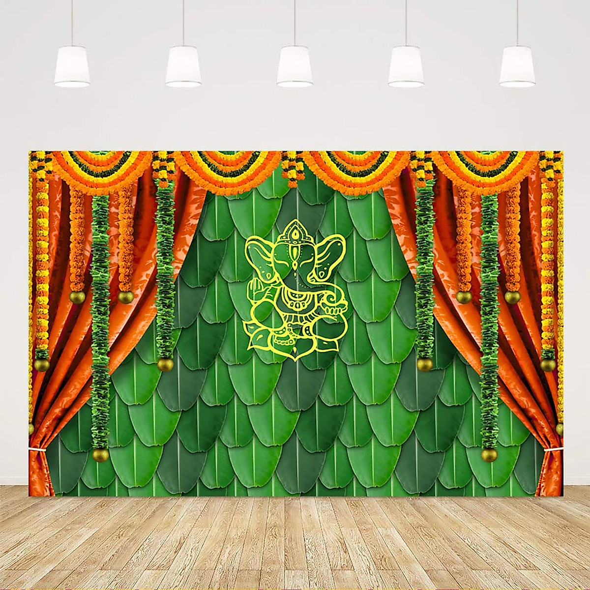 Ticuenicoa 5x3ft India Pooja Traditional Photography Backdrop Banana Leaf Green Chatiya Ganesh Background Puja Ganpati Pooja Mehndi backdrops Decorations Wedding Party Marigold Garlands Photo Props