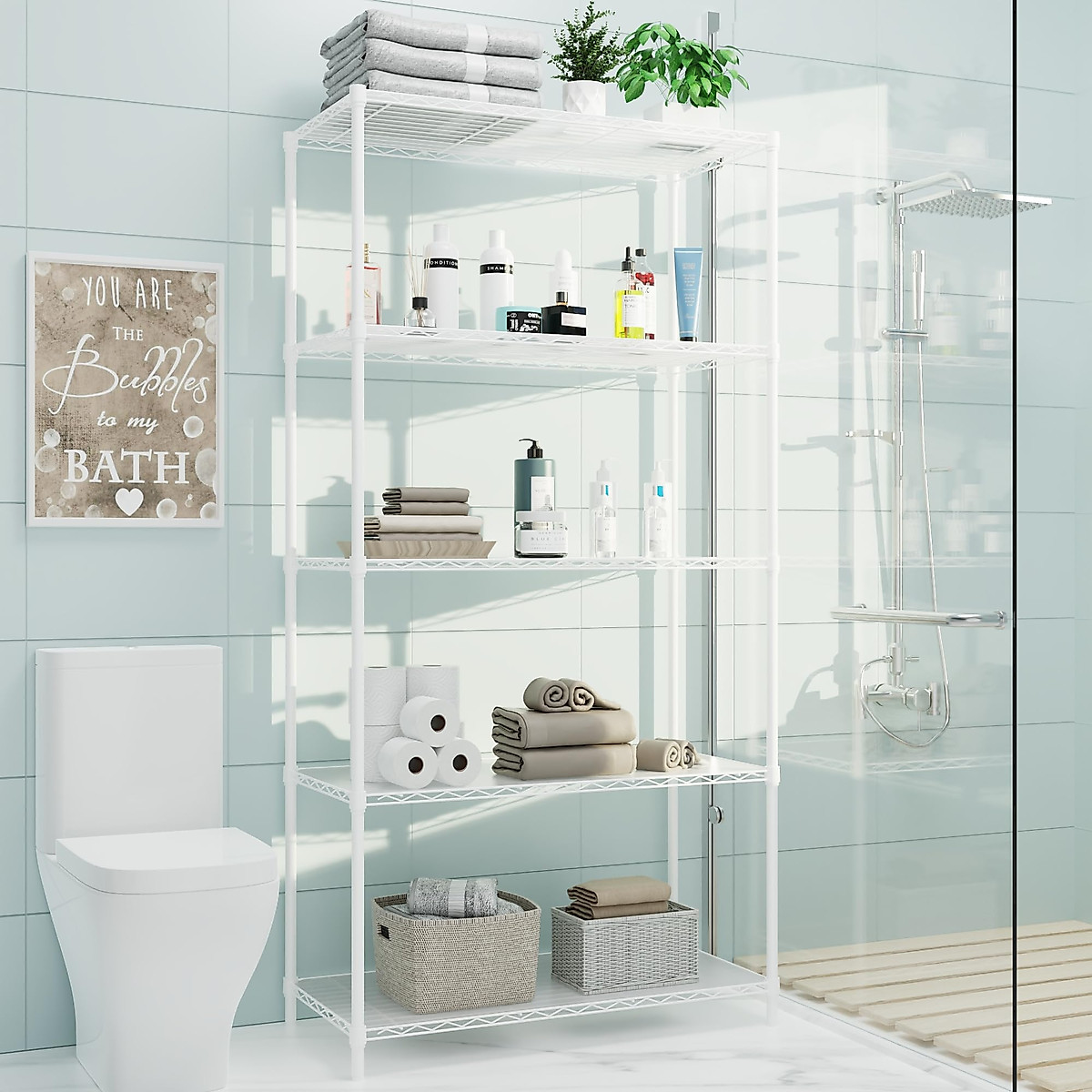 Fulocseny 5 Tier NSF Storage Rack, 1750lbs Capacity Heavy Duty, Metal Wire Shelving Units with 4 Feet & 5 Shelf Liners for Balcony Supermarket and Warehouse, 72" H x 36" L x 16" W White