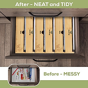 IOCREATIVE 2 in 1 Bamboo Wrap Dispenser for Aluminum Foil, Plastic Food Wrap, Wax Paper Roll Storage - Slide Cutter - Kitchen Organizer Holder Solution for Cabinet Drawer, Wall Mount - for 12" Rolls