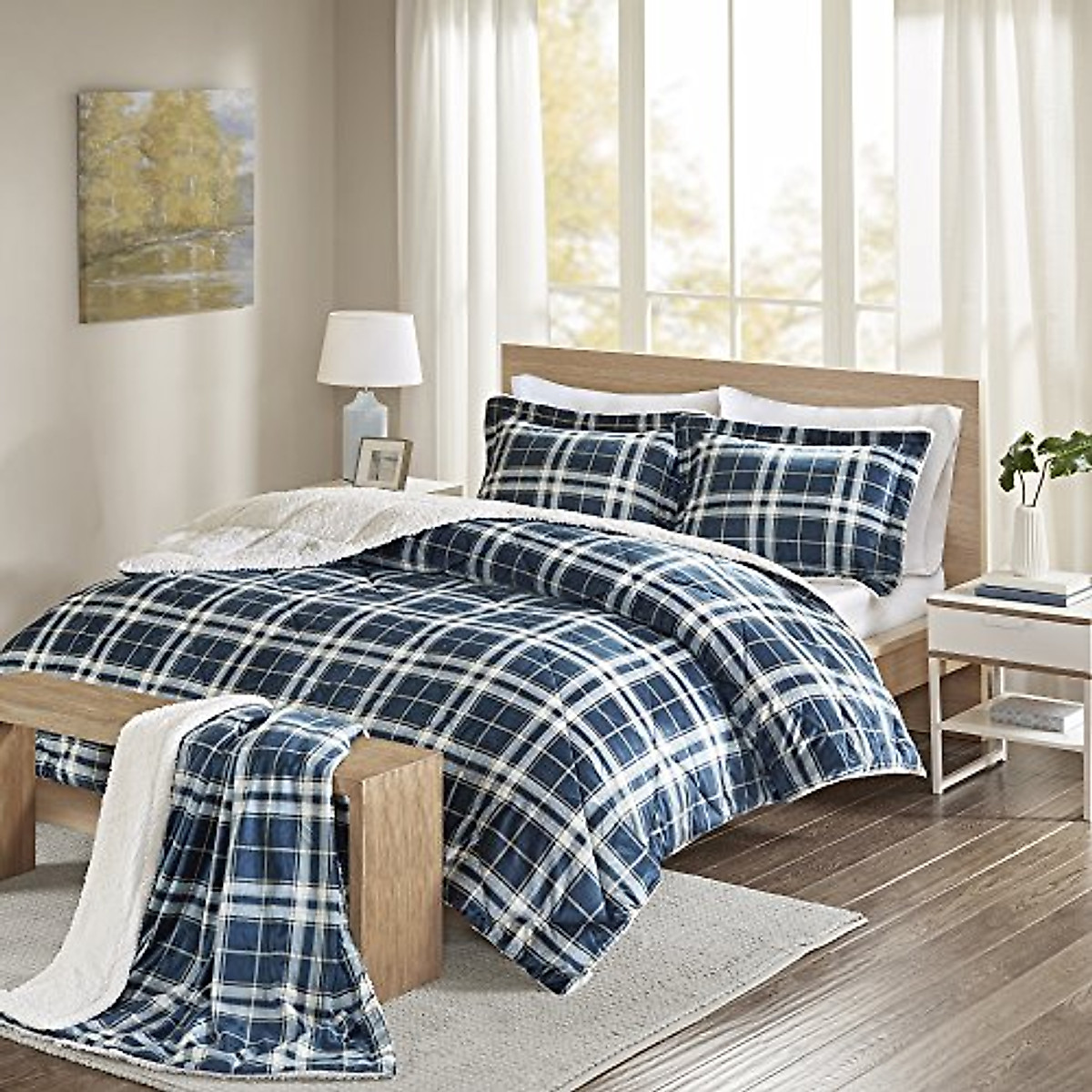 Comfort Spaces Aaron Sherpa Comforter and Throw Combo Set, Ultra Softy Fluffy Warm Checker Plaid Pattern Cold Weather Bedding, Full/Queen, Navy,CS10-0409