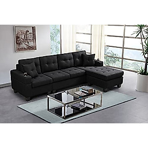 BIADNBZ Modern Sectional Sofa Set with Reversible Chaise Lounge,2 Pillows and Cup Holders,4-Seat L-Shaped Upholstered Couch for Living Room Office Apartment, Black