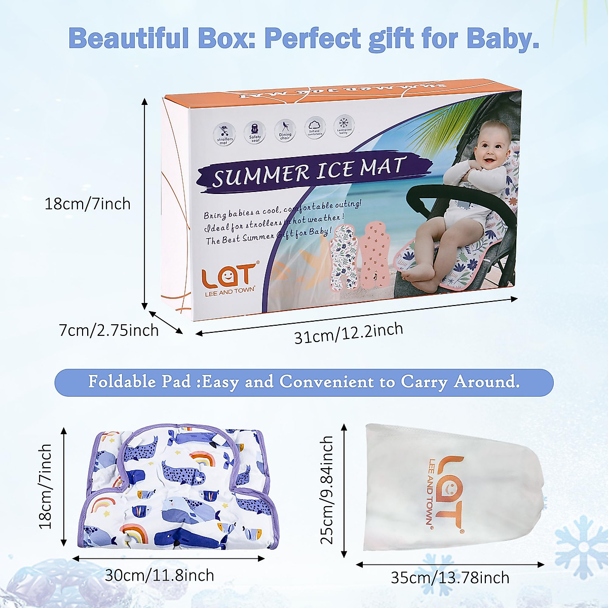 Gel Car Seat Cooler Pad,1 Pack Double Sides-Universal Baby Stroller Ice Cushion Mat,Summer cooling Seat Liner,Multifunctional Suitable for Baby Dining Chair,Child Safety Seat(Whale + Blue Dinosaur)