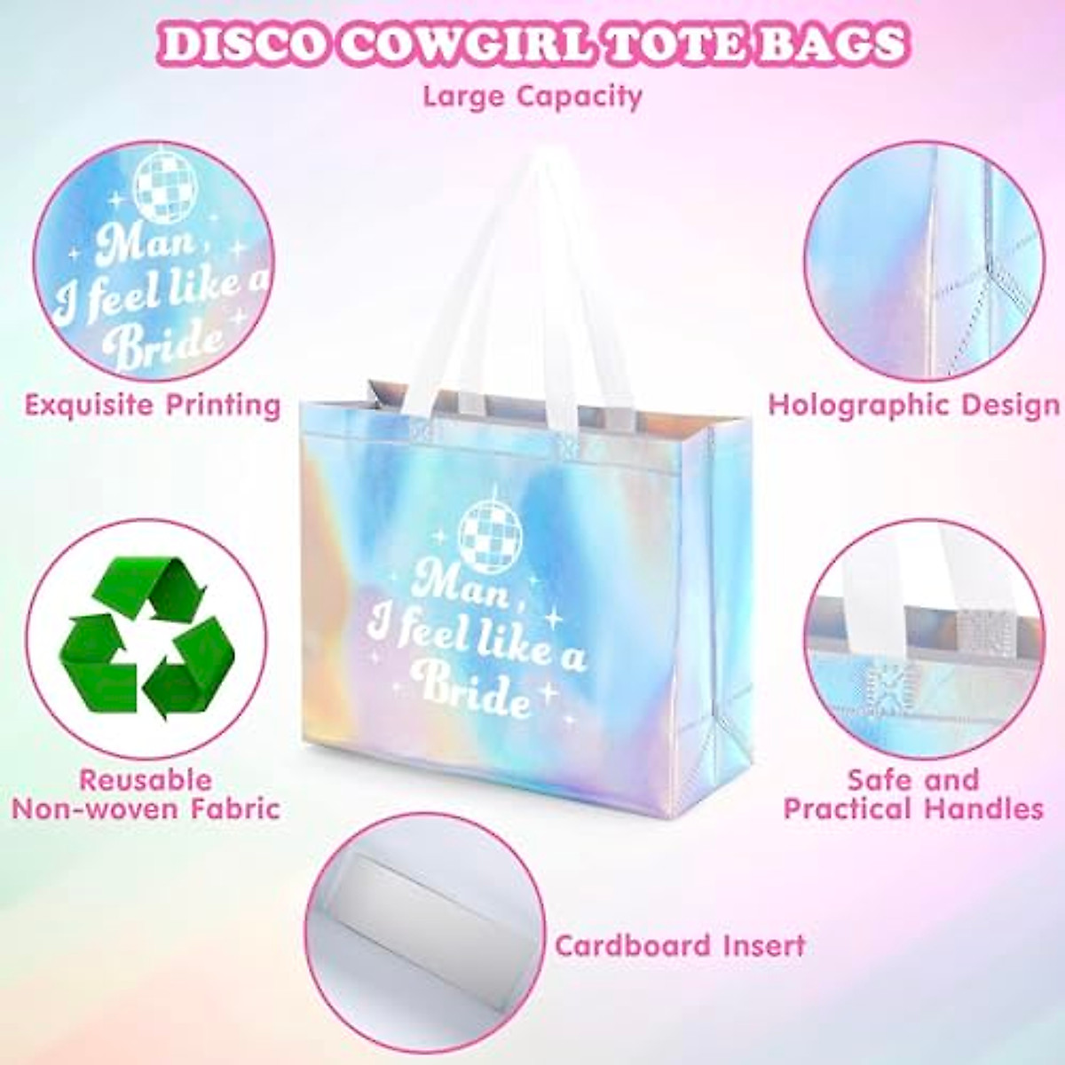 ICoDeesse 8 Pcs Let’s Go Girls Bachelorette Iridescent Tote Bags Reusable Holographic Bridesmaid Gift Bag With White Handles Retro Disco Cowgirl Party Accessories Western Cowgirl Theme Party Favors