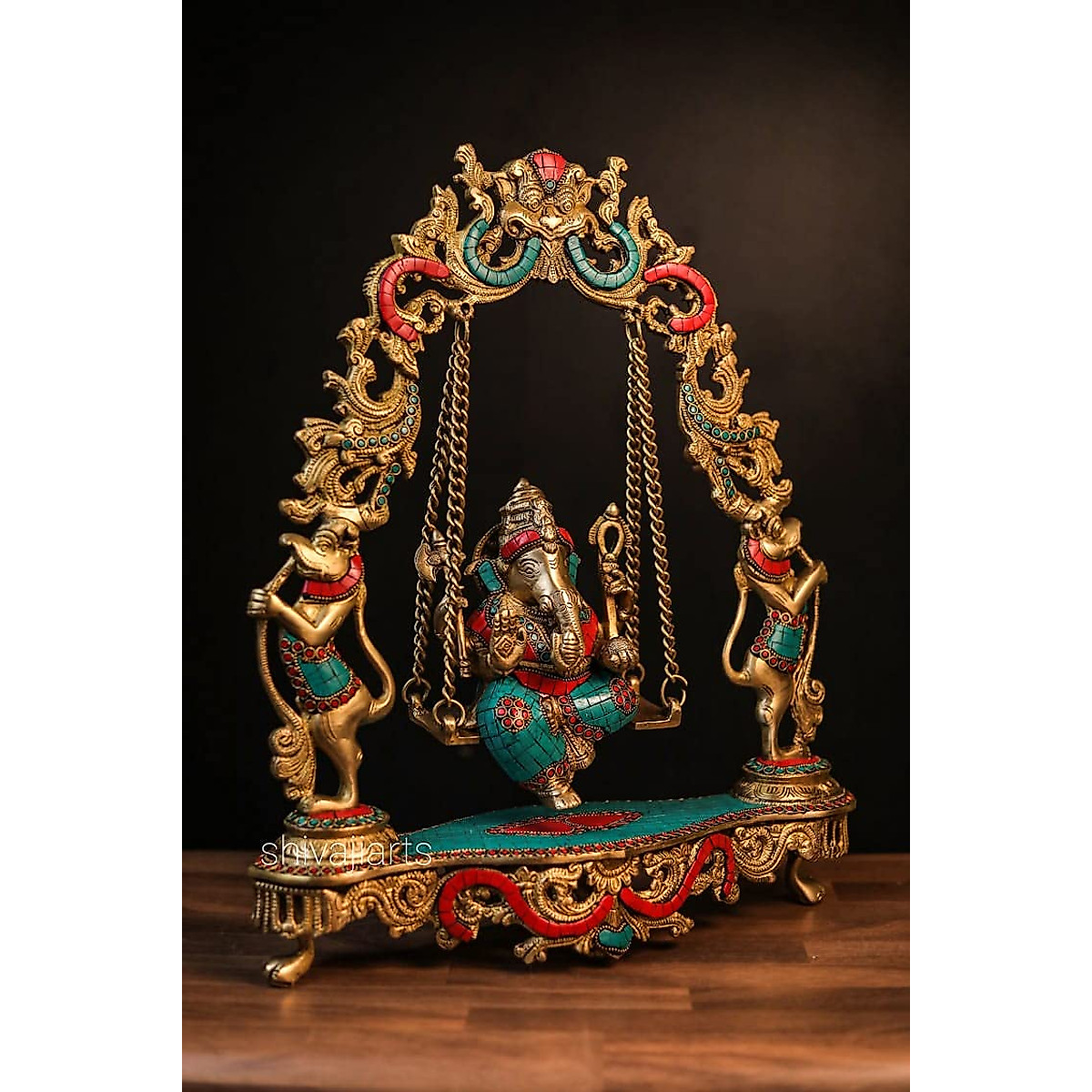 SHIVAJI ARTS Brass Ganesha Statue on Swing, 20 Inch Big Large Ganesh Idol on Jhoola in Brass, Swinging Ganesh Idol, Jhula Ganesh Murti, Showpiece
