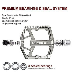 K PEDC Bike Pedal Aluminum Alloy 9/16" Bike Pedal MTB Wide Platform Flat Non-Slip Bicycle Pedals with 3 Bearings for Mountain Bikes, Road, BMX (TI 3bearings)