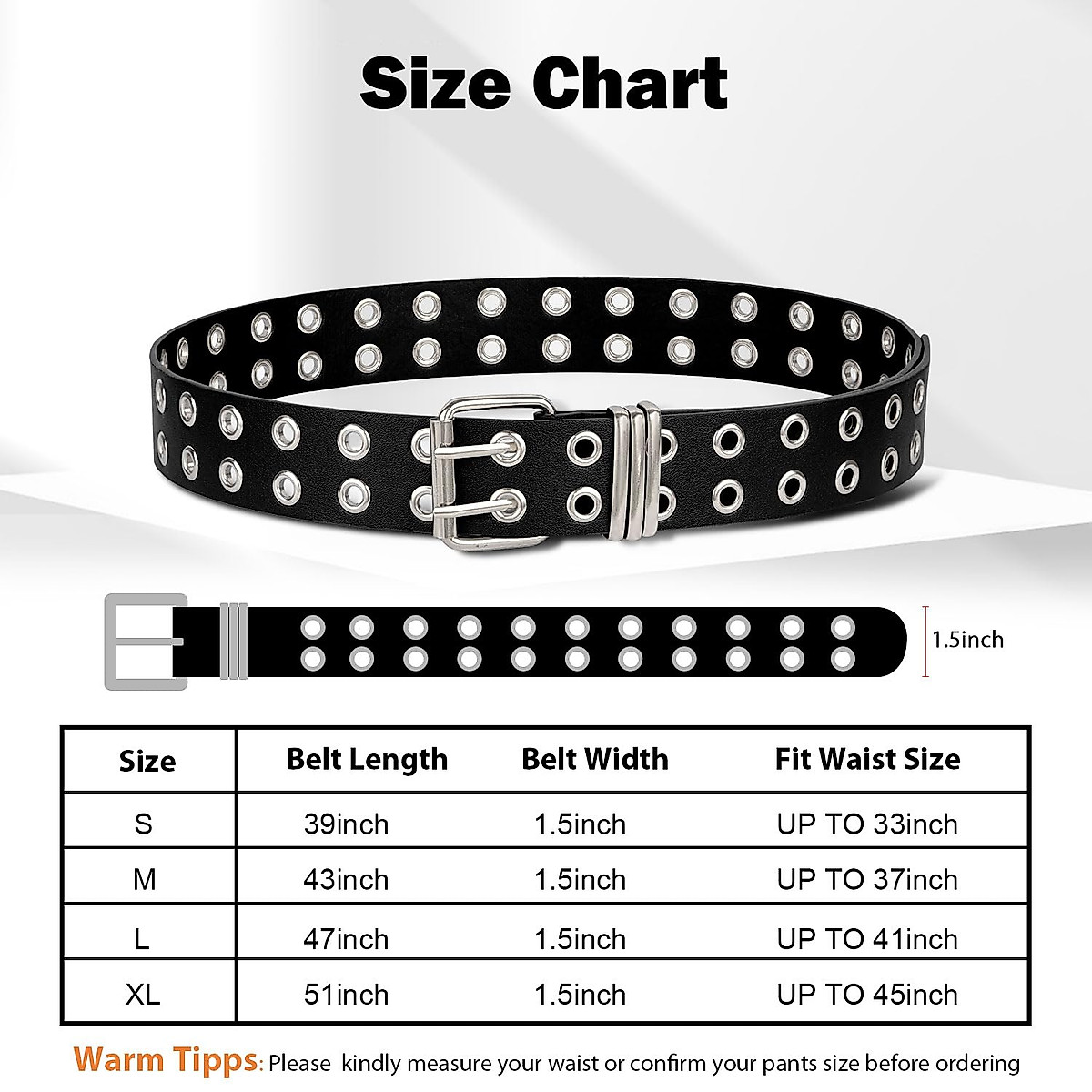 FIORETTO Double Grommet Leather Belt Women Men Punk Rock Waist Belts for Jeans Pants Double Holes Black-Silver