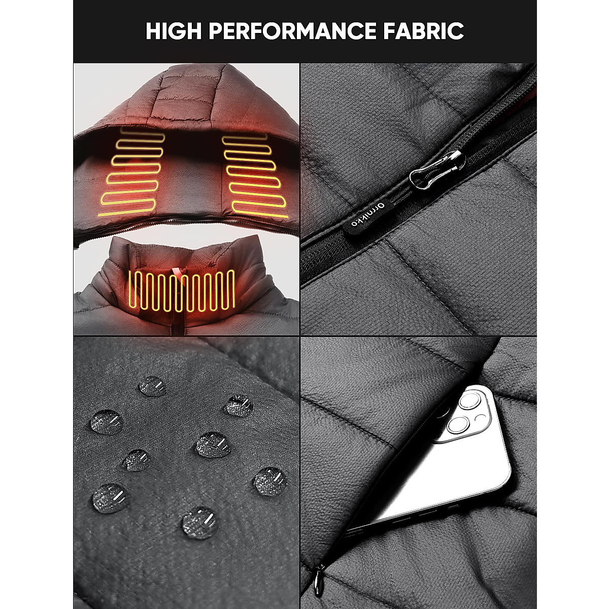 ORRNIKKO [2024 All-New] Heated Vest for Men - 7.4V 16000mAh Battery Pack and Detachable Heated Hood, Mens Heated Vest