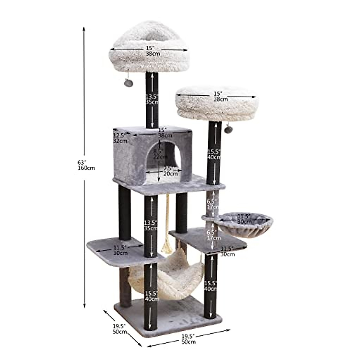 Catry Babylon Cat Tree - A Dynamic Complex Cat Tower with Cat Hammock, Scratching Post, and Playful Toys Invariably Trap Kitten to Stay Around This Easy Assembled Sturdy Cat Furniture, Classic Grey
