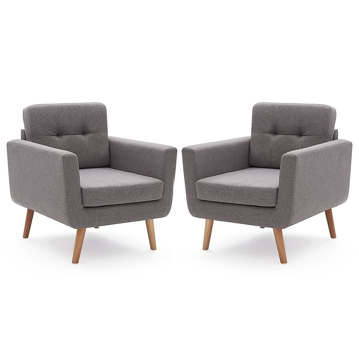 Tbfit Linen Fabric Accent Chairs Set of 2, Mid Century Modern Armchair for Living Room, Bedroom Button Tufted Upholstered Comfy Reading Accent Chair Sofa(Grey)