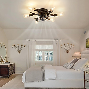 ASGYISA Modern Black Matte Ceiling Fan with Light Industrial 6 Lights Low Profile Flush Mount Fandelier with Remote Control for Farmhouse Kitchen Dining Room Bedroom