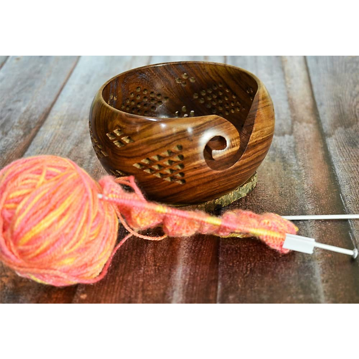 Ajuny Wooden Crafted large Yarn Ball Storage Bowl with Elegant Design Spiral Yarn Dispenser | Carved Holes | Knitting Crochet Accessories - Gift for ladies