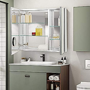 Fundin Bathroom Mirror Medicine Cabinet Aluminum Storage Cabinet 30 x 26 inch Beveled Edge Frameless Double Sided Mirror Door Recess or Surface Mount with 5X Magnifying Makeup Mirror