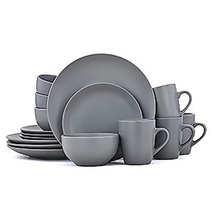 Famiware Dinnerware Set, 16 Piece Dishes Set, Plates and Bowls Set for 4, Gray Matte…