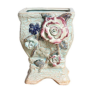 VOSAREA Hand Painted Square Succulent Planter Cactus Planter Pot Bonsai Pot Clay Pot Flower Pot Floral Design Random Color