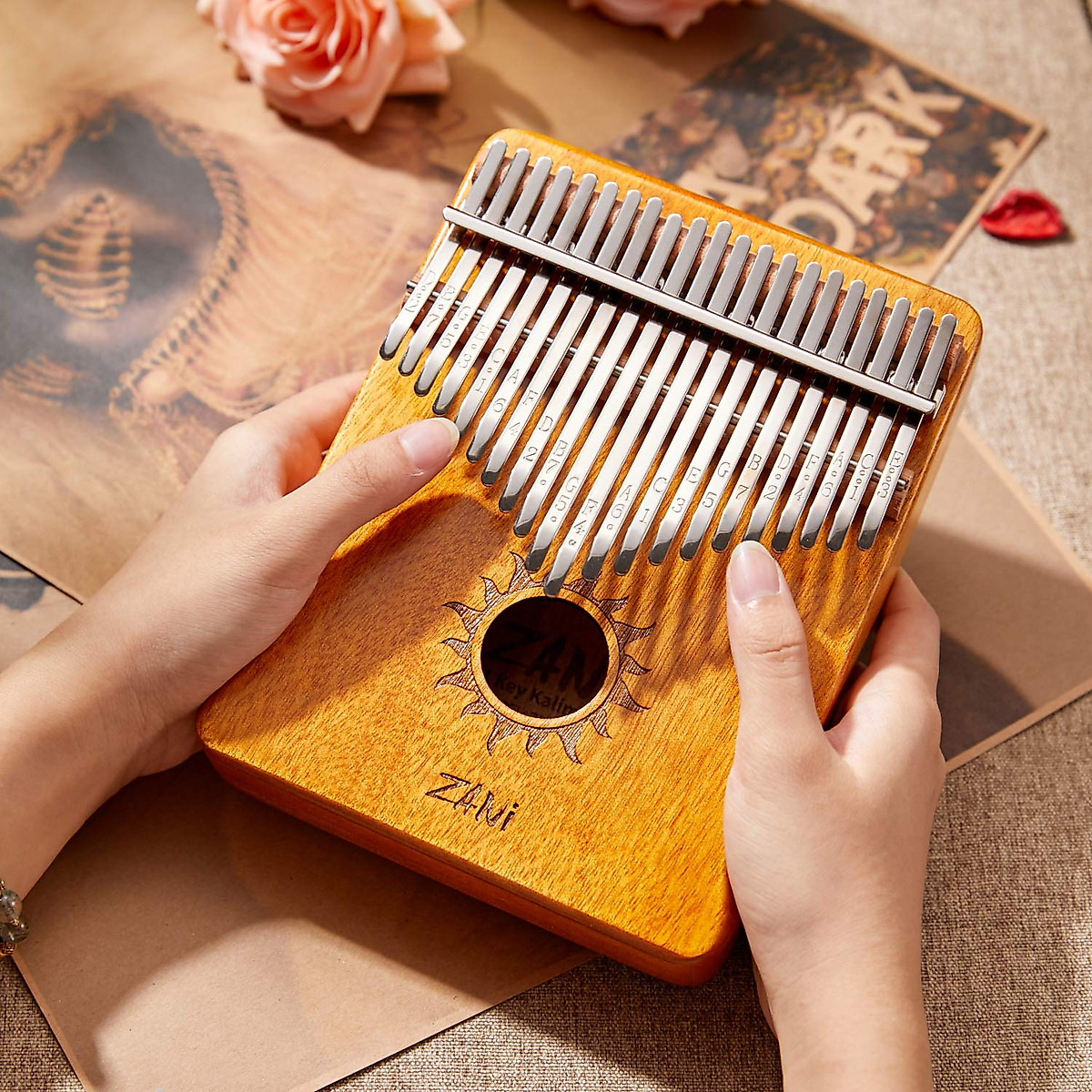 TienClef Kalimba Thumb Piano 21 Keys with Engraved Notes Helios Pattern Handhold Cute Finger Piano Mabogany Solid Wood Portable Musical Instrument with Music Book for Kids Adult Beginner (Natrual)