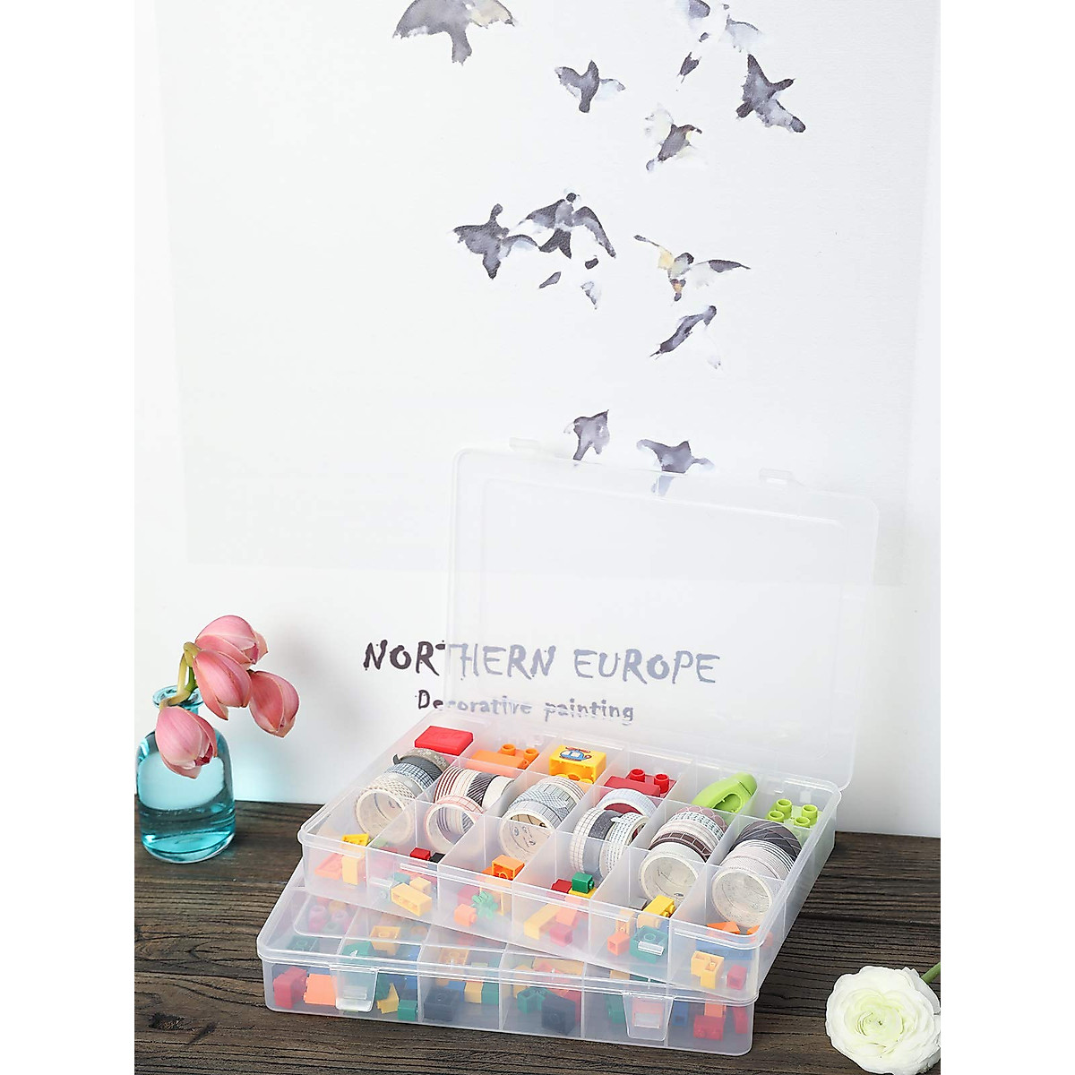 UHOUSE 2 PCS 18 Grids Clear Plastic Organizer Container Storage Box with Adjustable Dividers for Washi TapeJewelry Craft Tackles Tools, Size: 10.4 x 6.8 x 1.1 in (Clear)