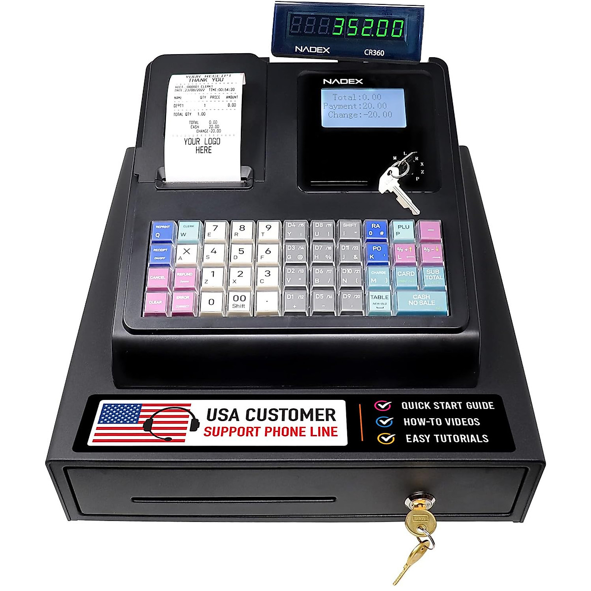 Nadex CR360 Cash Register, 4700 Lookups 50 Dept 50 Clerks, Quick Load Thermal Printer, Compact Size, Cash and Coin Drawer, Black