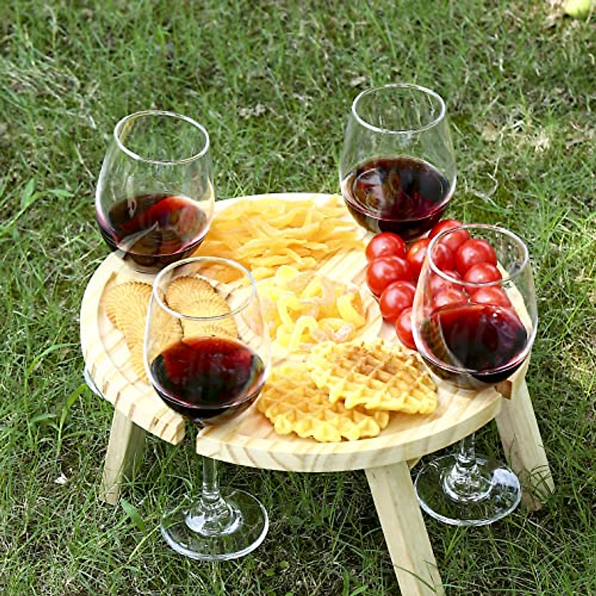 YWMSGM Outdoor Folding Picnic Table, Wooden Portable Cheese Tray or Fruit Snack Compartment Tray with 4 Wine Glass Holders, No Assembly Required, Suitable for Potluck Camping, Beach Concert