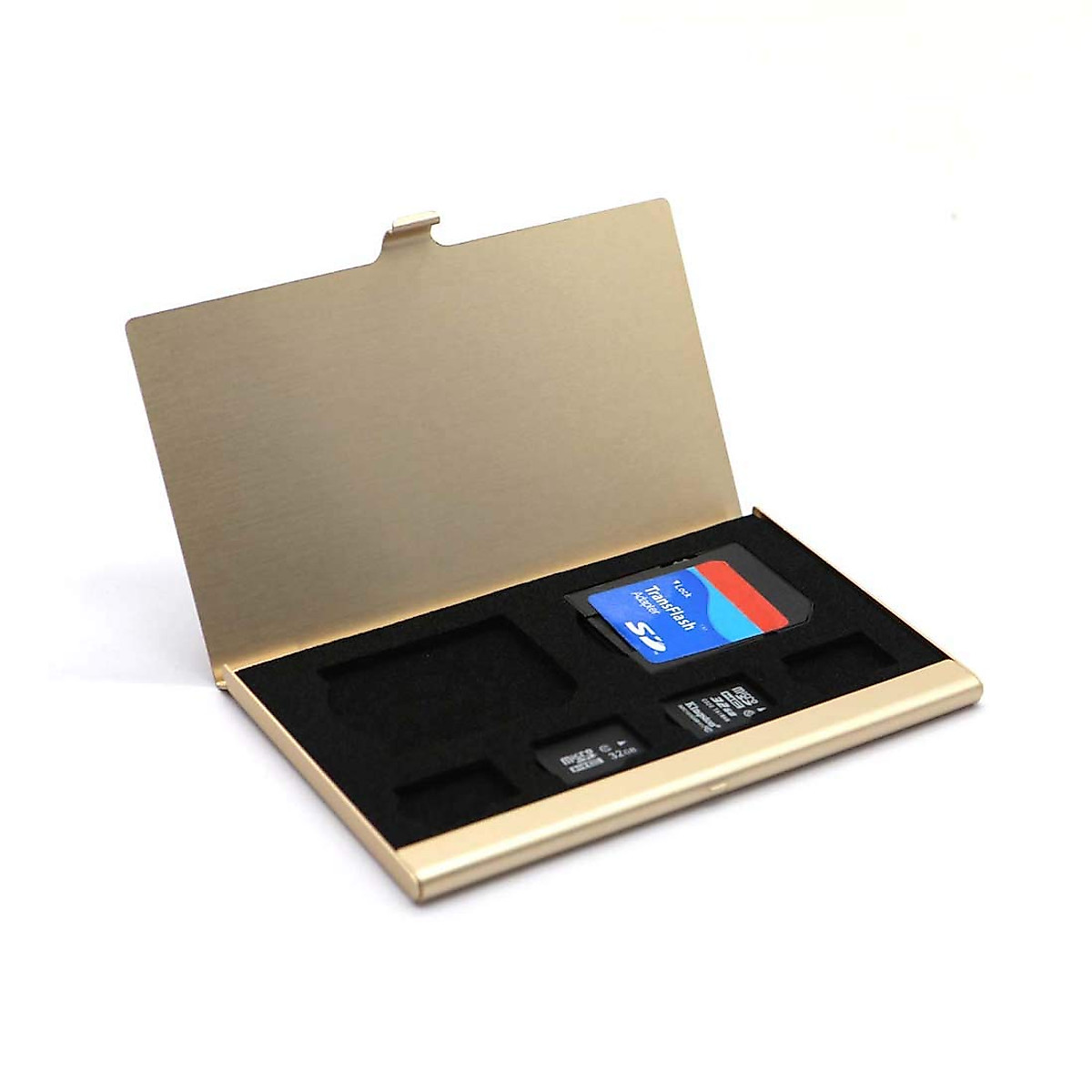 Secure Digital Memory Card Case,Ultrathin Mini Aluminum Waterproof Memory Card Carrying Case,Rustproof Compact Card SD Card Memory Card Protector Cover Storage,with 4 Micro SD & 2 SD Cards Slots(Gold)