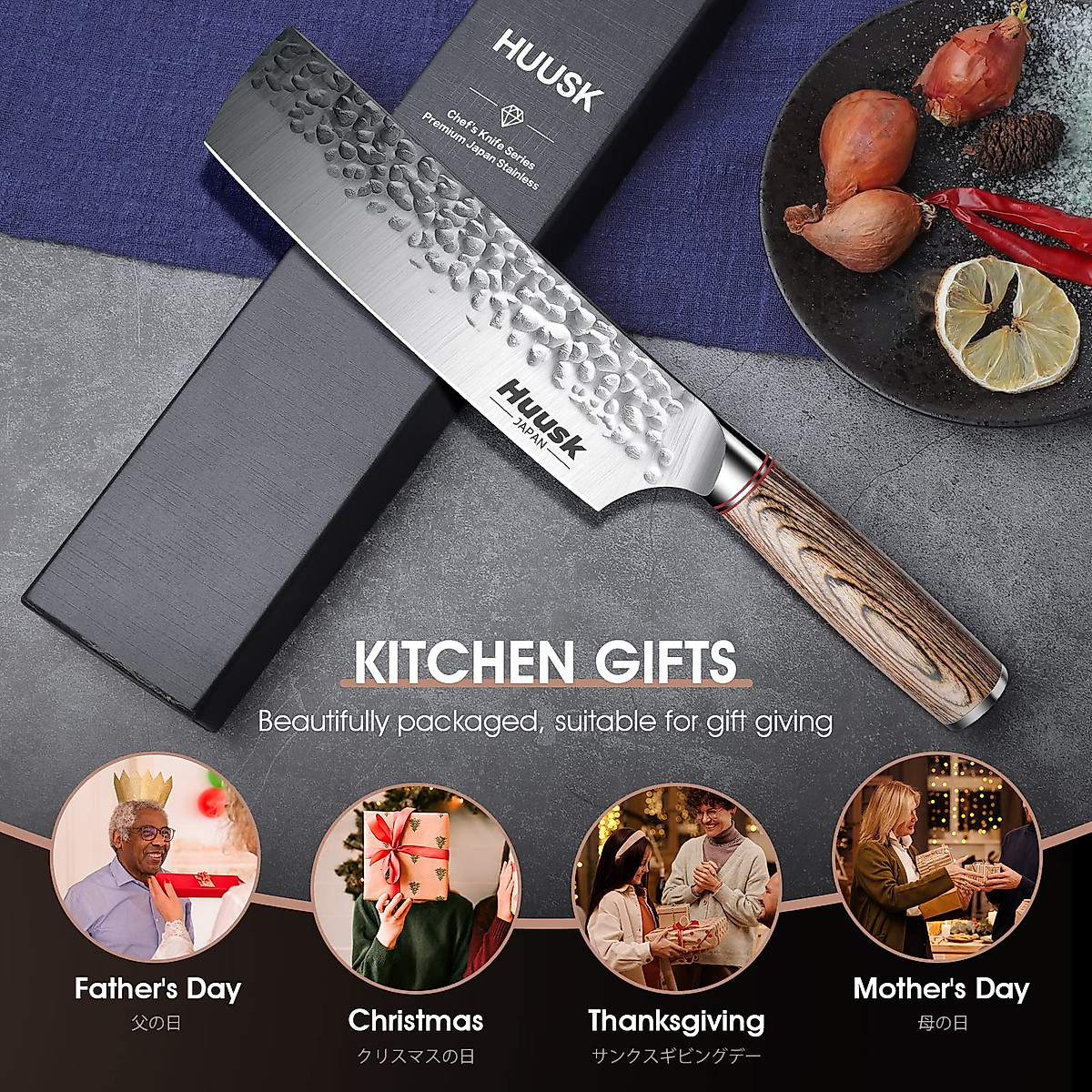 Huusk Japan Knife Professional Kitchen Knife Meat Cleaver Nakiri Knife and Boning Knife Set with Ergonomic Pakkawood Handle and Gift Box for Family Restaurant