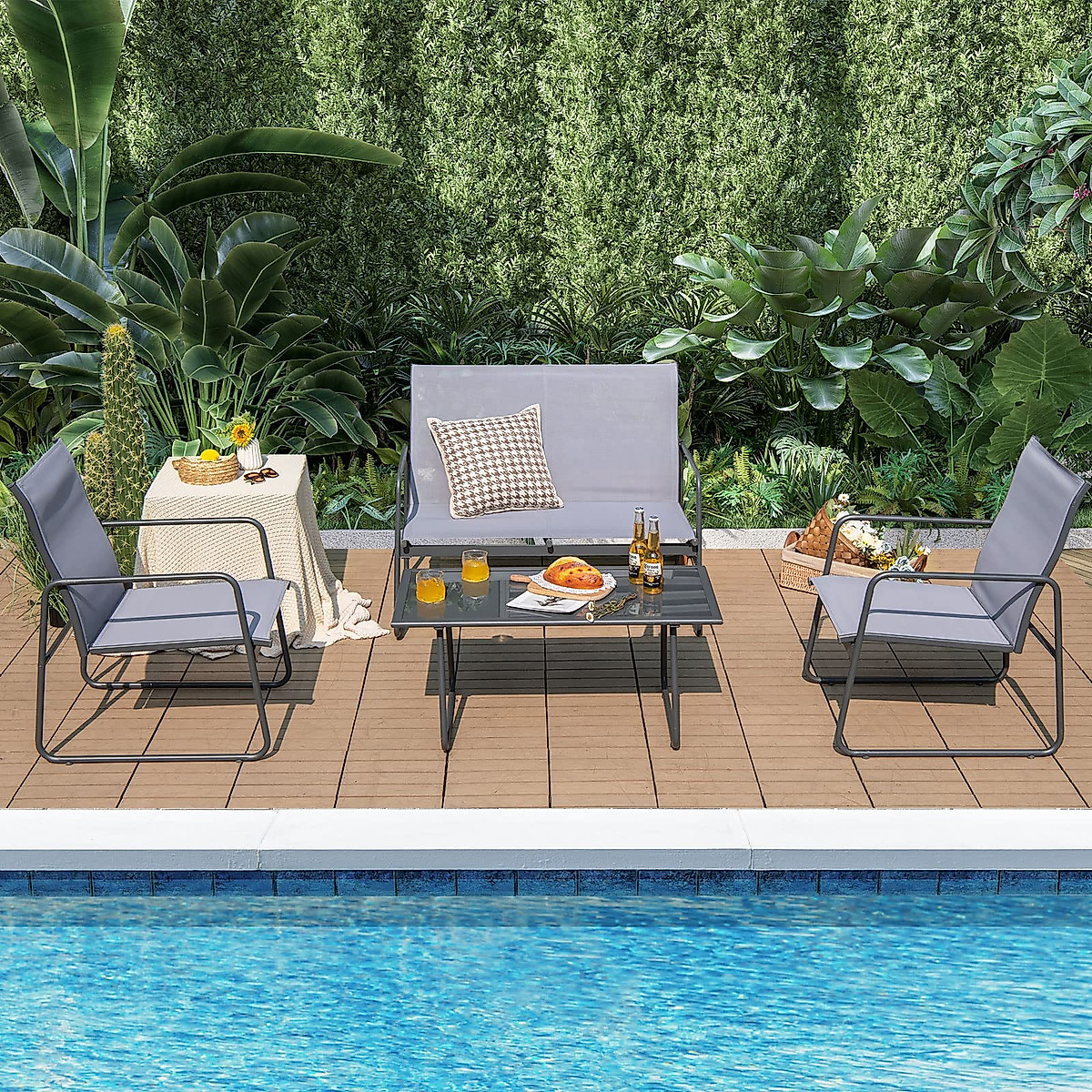 Tangkula 4 Pieces Patio Furniture Set, Outdoor Conversation Set with Tempered Glass Coffee Table, Metal Frame, Breathable Fabric, Indoor & Outdoor Chat Set of 4, for Patio, Poolside, Garden (Gray)