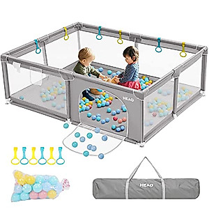 HEAO 79X59 Baby Playpen XL Baby Playard with 30PCS Pits Balls Playpen Toddler Sturdy Play Yard for Toddler Light Grey
