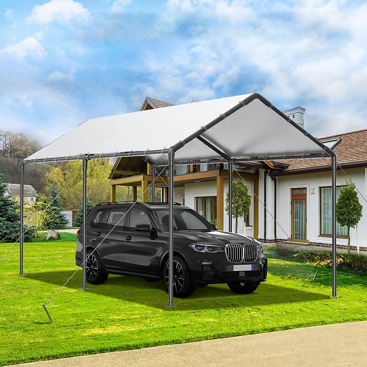 Outdoor Carport 10x20ft Heavy Duty Car Tent, Portable Garage Canopy Storage Shed, Car Shelter, All-Season Tarp for Car and Boat D White