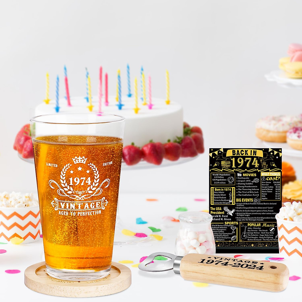 50th Birthday Gifts for Men, Vintage 1974 Beer Glass, Wooden Bottle Opener, Wooden Coaster, Vintage Beer Gift Box, 1974 Poster Anniversary Card and Greeting Card 50th Birthday Gift Ideas for Him