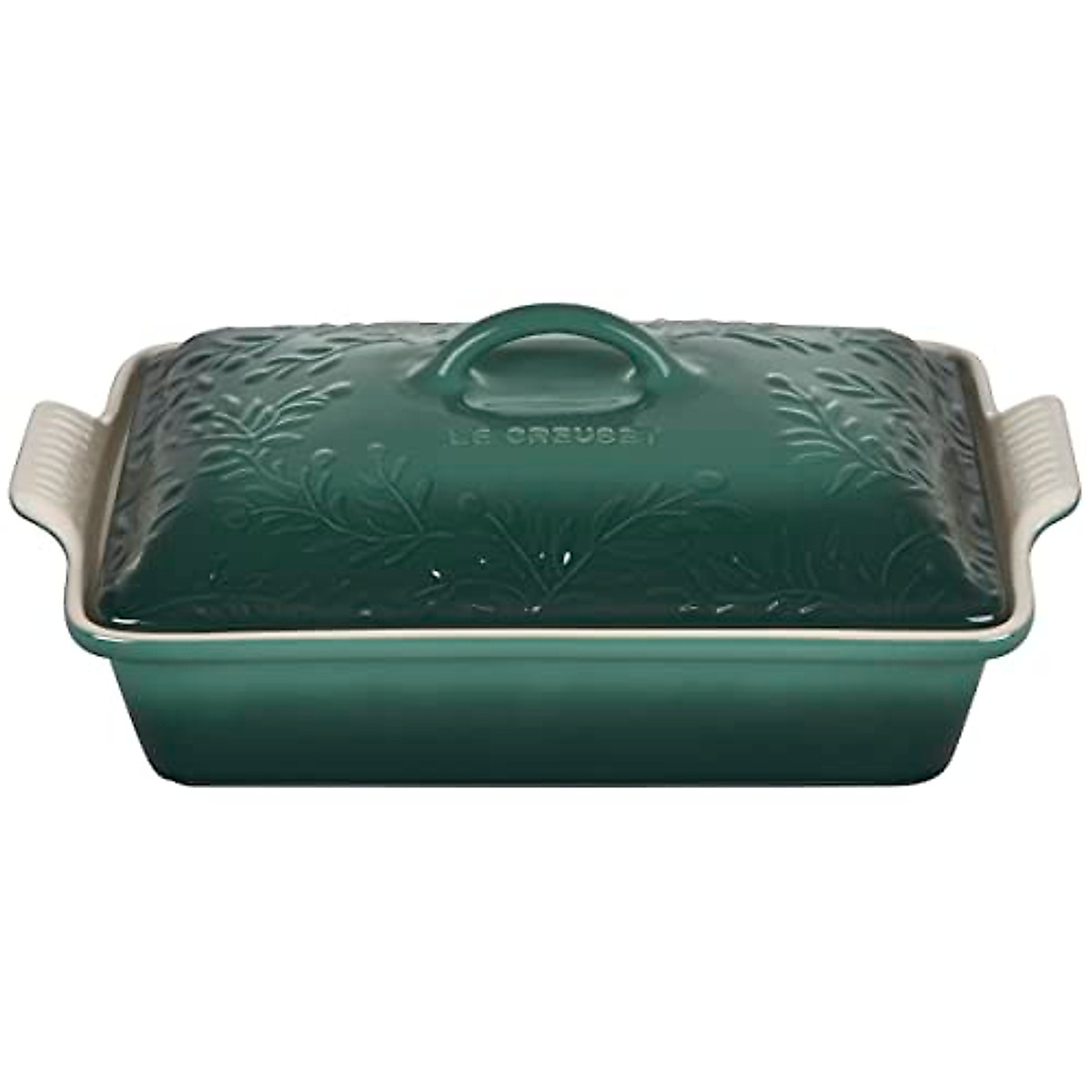 Le Creuset Olive Branch Collection Stoneware Heritage Covered Rectangular Casserole, 4 qt., Artichaut with Embossed Lid