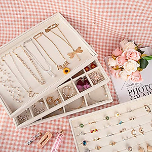 Mebbay Large Stackable Velvet Jewelry Trays Organizer, Jewelry Storage Display Trays for Drawer, Earring Necklace Bracelet Ring Organizer, Set of 4 (Warm White), 13.8" x 9.5" x 1.18"