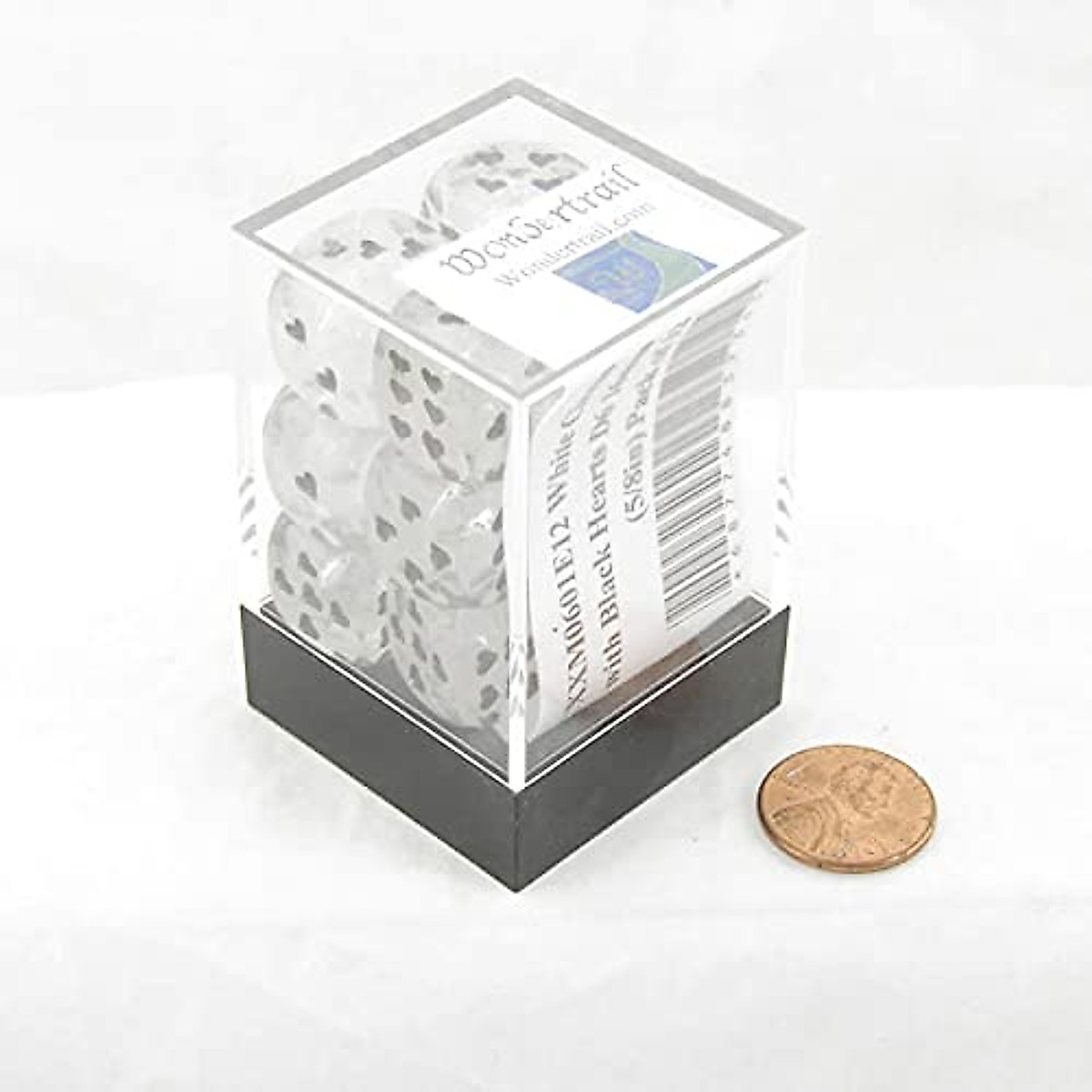 White Cirrus Dice with Black Hearts D6 16mm (5/8in) Pack of 12 Wondertrail