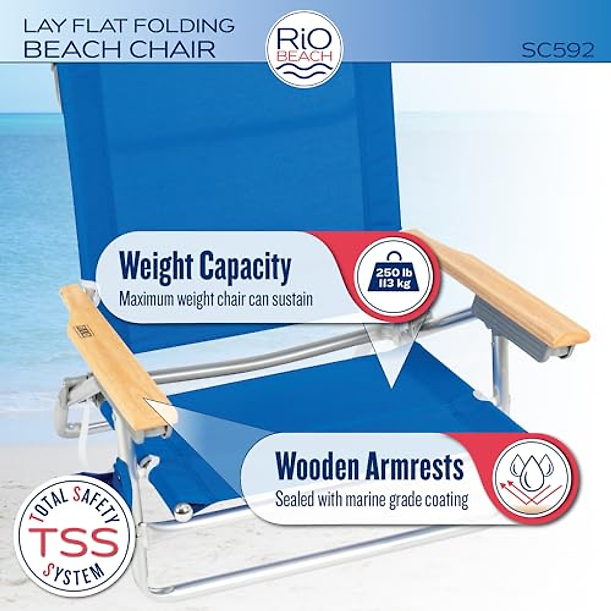 Rio Beach Classic 5-Position Lay-Flat Folding Chair, Outdoor Pool and Beach Chair with Carrying Strap and Towel Bar, Blue