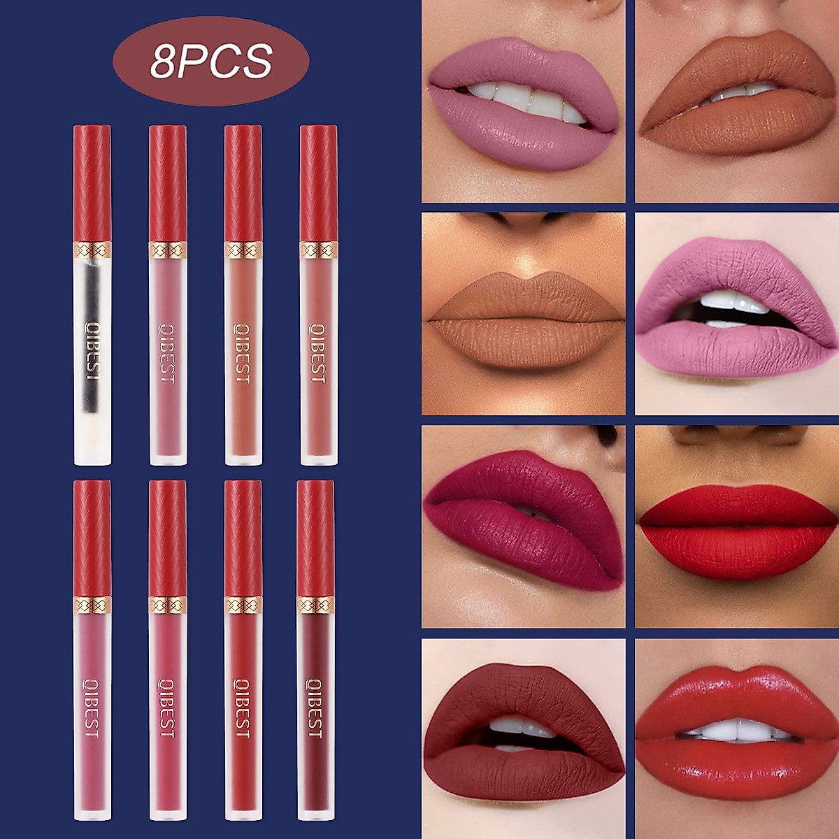 QiBest 8pcs Matte Liquid Lipstick with Lip Plumper Makeup Set Velvety Long Lasting High Pigmented Nude Waterproof Lip Gloss Kit Girls Women Make Up Gift Set