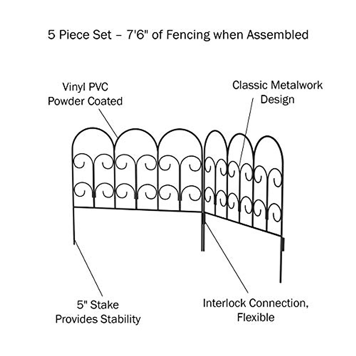 Garden Edging Border- Flower Bed Fencing for Landscaping- Iris Fence, 5 Piece Set of Black Interlocking Outdoor Lawn Stakes by Pure Garden (8Â’)