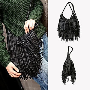 Vintage & Stylish Women Tassel Shoulder Bag PU Leather Bohemian Fringed Crossbody Shoulder Hobo Fringe bag (Black)