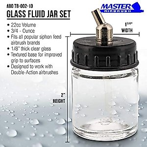 Master Airbrush (Pack of 10) TB-002 Empty 3/4 Ounce (22cc) Glass Jar Bottles with 30° Down Angle Adaptor Lid Assembly - Fits Dual-Action Siphon Feed Airbrushes, Use with Master, Badger, Paasche, Iwata
