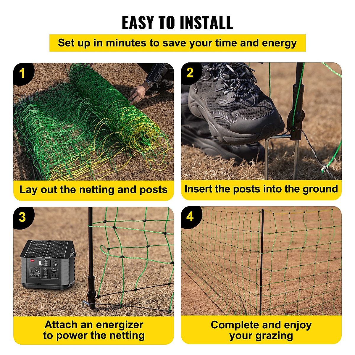 VEVOR Electric Fence Netting, 42.5" H x 164' L, PE Net Fencing with 14 Posts Double Spiked, Utility Portable Mesh for Goats, Sheep, Lambs, Deer, Hogs, Dogs, Used in Backyards, Farms and Ranches, Green