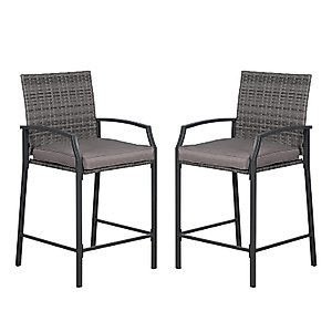 JOIVI Outdoor Wicker Bar Stools Set of 4, Patio Rattan Counter Height Chairs with Cushions, Armrest and Footrest for Indoor, Garden, Poolside, Lawn, Backyard