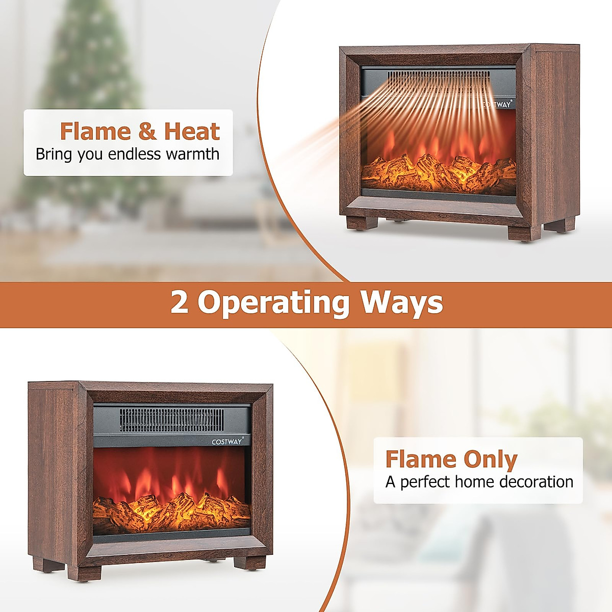 COSTWAY 13 Inch Small Electric Fireplace Heater, Mini Wooden Fireplaces Stove w/Vivid Flame Effect, Overheat Protection, 750W Portable Tabletop Fireplace for Indoor Use, Living Room, Bedroom, Brow