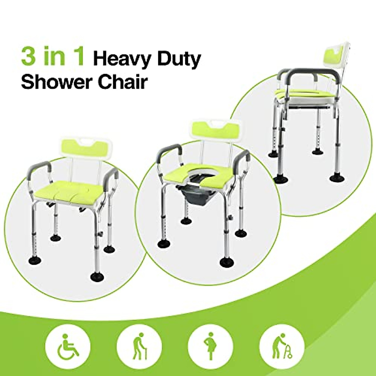 3 in 1 Commode Shower Chair for Inside Shower 400lbs, Raised Bedside Shower Seat with Arms & Back, Adjustable Toilet Seat Risers, Bathtub Stool for Seniors, Elderly, Disabled, Handicap, Injured