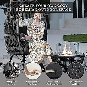 BULEXYARD 3 Piece Outdoor Egg Chair with Propane Fire Pit Table, Wicker Patio Egg Chair Set w/Natural Gas Firepit for Backyard, Porch, Deck (Dark Grey)