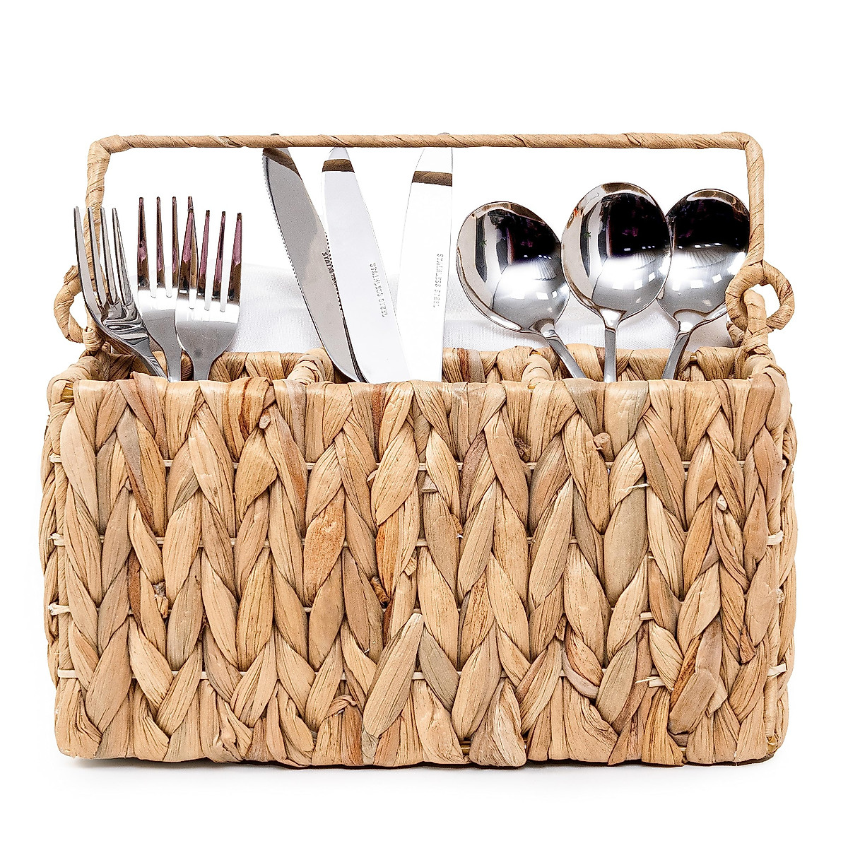 KOLWOVEN Wicker Utensil Caddy Carrier, Wicker Flatware Organizer, Hand Woven Water Hyacinth Cutlery Holder for Countertop with Handle