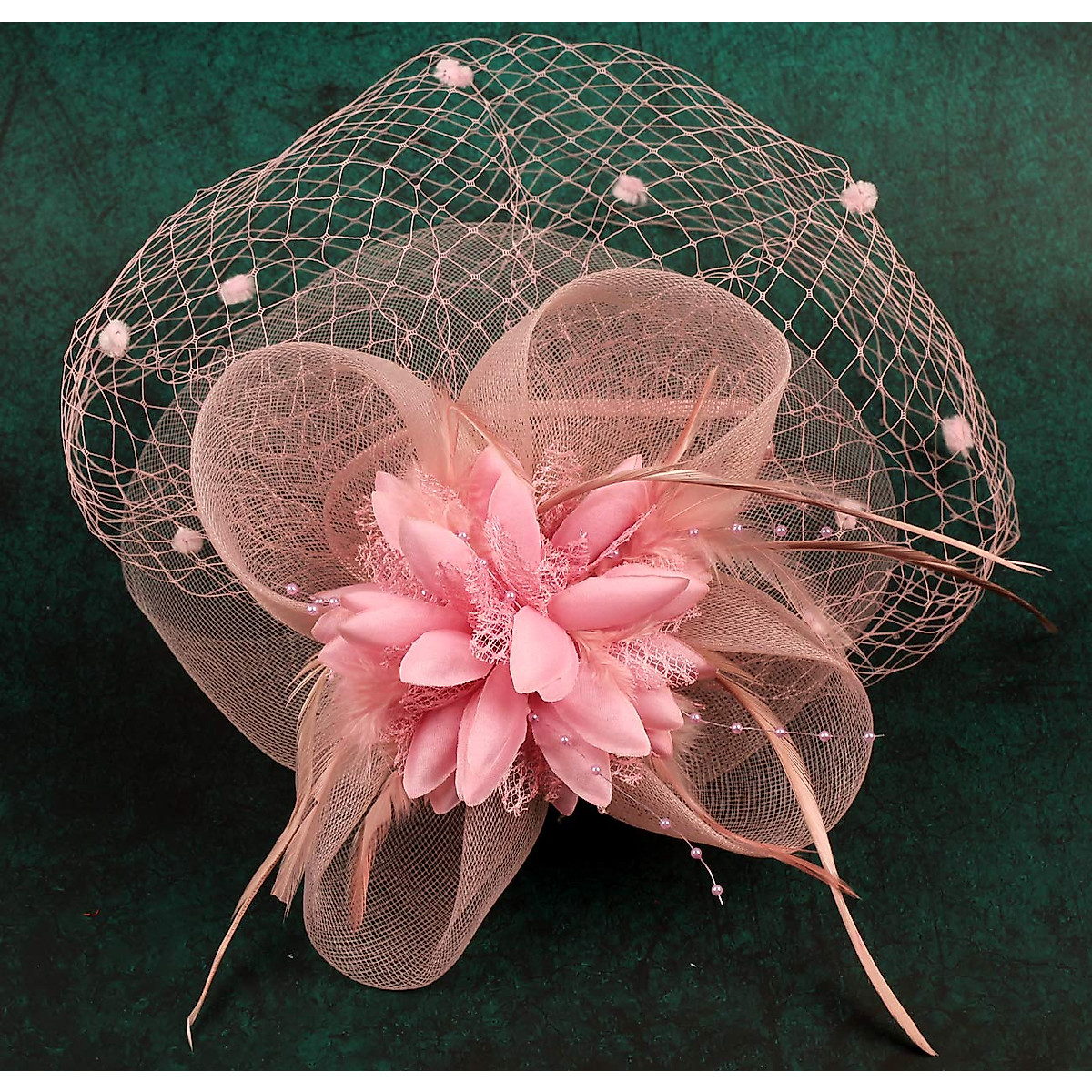 Cizoe Fascinator Hats for Women Tea Party Headband Kentucky Derby Wedding Flower Mesh Veil Fascinator (A-blush pink)