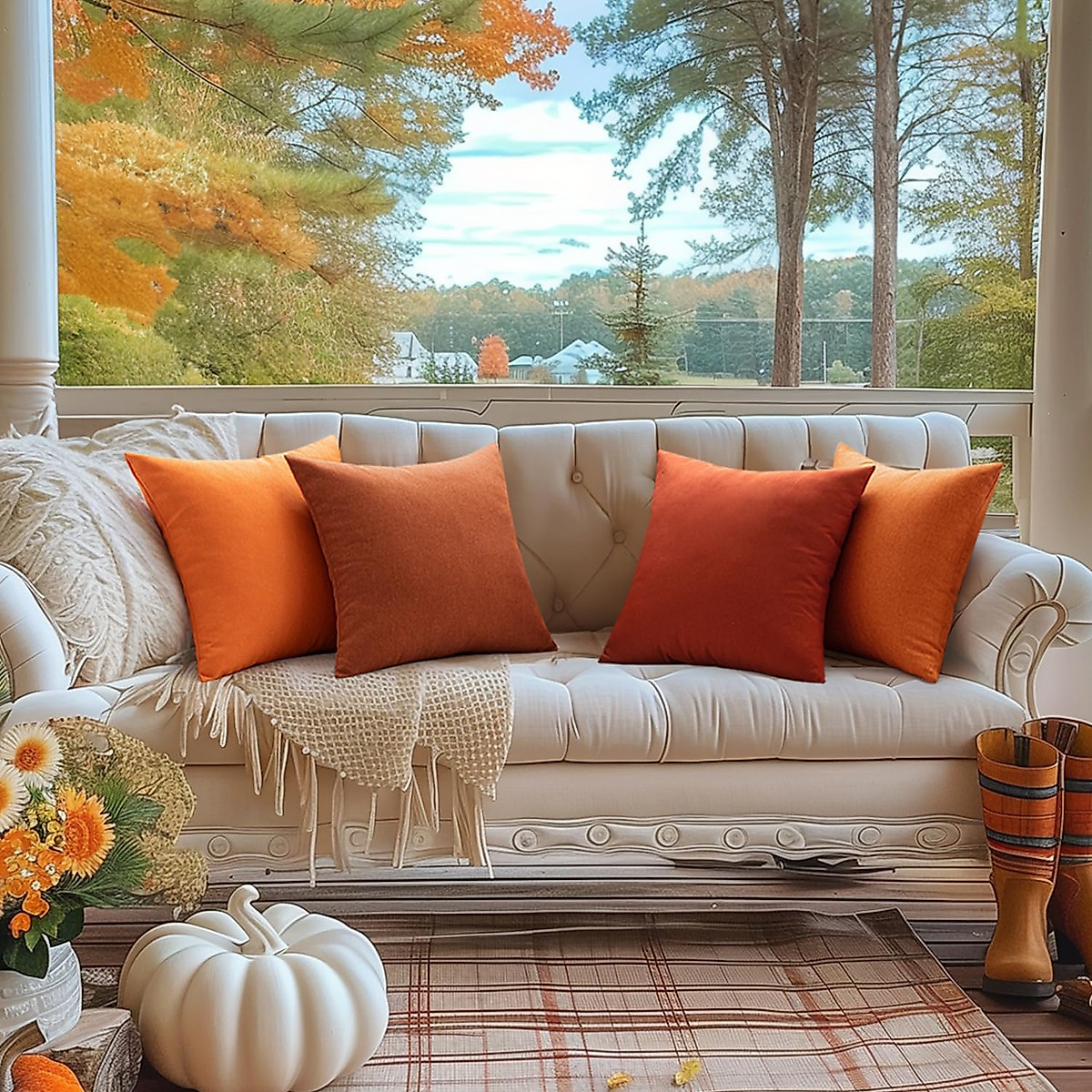 MIULEE Fall Pack of 2 Decorative Outdoor Solid Waterproof Throw Pillow Covers Polyester Linen Garden Farmhouse Cushion Cases for Patio Tent Balcony Couch Sofa 24x24 inch Burnt Orange