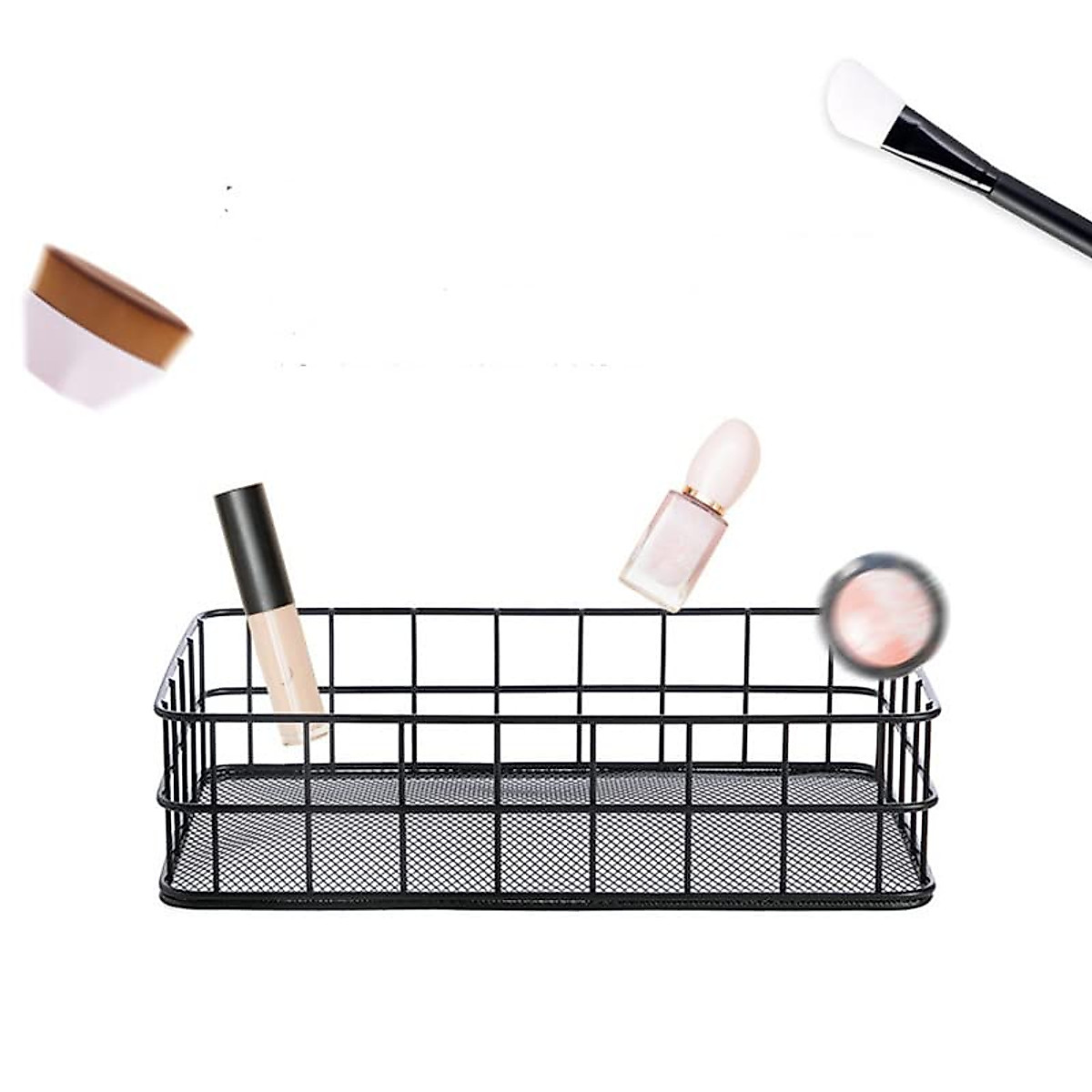 Lioong Black Metal Wire Bathroom Vanity Trays Storage Basket Bins for Organizing Paper Hand Towel Toilet Tank Vanity Countertop Table