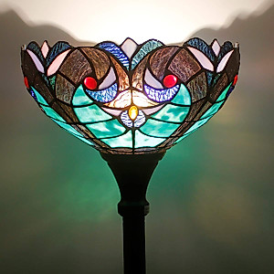 WERFACTORY Tiffany Floor Lamp Green Liaison Stained Glass Light 12X12X66 Inches Pole Torchiere Standing Corner Torch Uplight Decor Bedroom Living Room Home Office S160G Series
