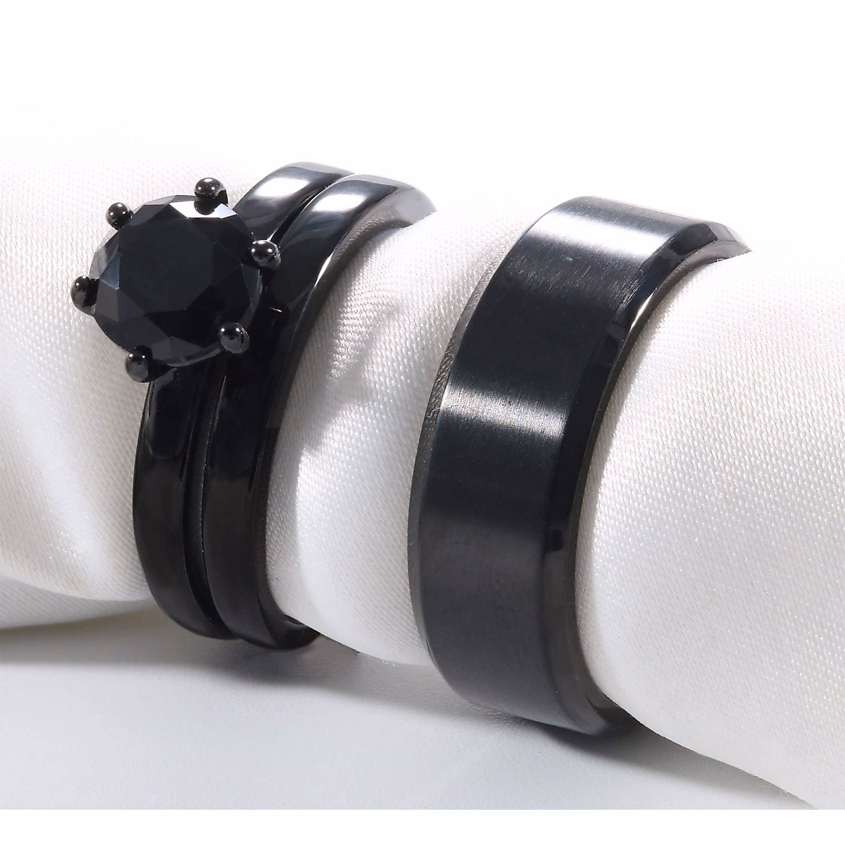 Ringcrown 2 Rings Couple Rings Bridal Sets Black Cz Womens Wedding Ring Sets Titanium Steel Man Wedding Bands